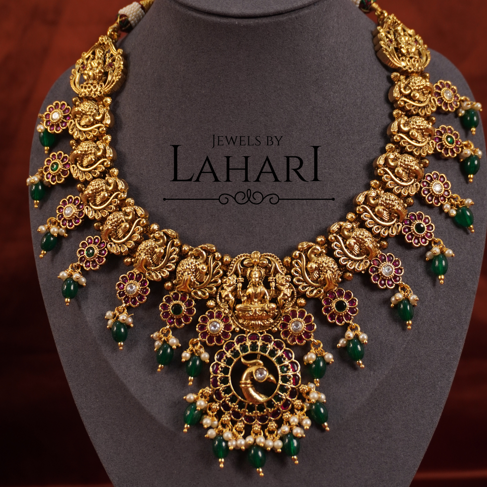 Lakshmi Temple Necklace with Floral Jhumkas – JEWELS BY LAHARI